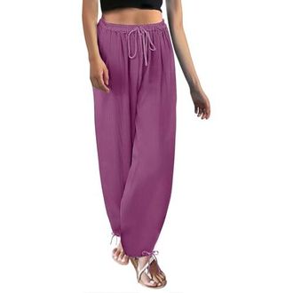 Generic Pantalon L&eacute;ger Femme Ample Fluide en Lin pour Ladies Fashionable and Casual Spring and Summer Cotton Linen Leg Tied High Waisted Pants Taille Elastiqu