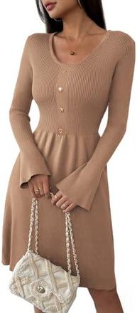 Zeagoo Robe en tricot pour femme - Manches longues - Col en V - Robe pull &eacute;l&eacute;gante - Robe dhiver unie - Robe midi avec manches trompette, marron clair, S