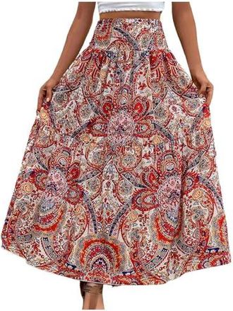 Generic Jupe bohème longue pour femme - Jupe longue - Jupe de plage - Grande taille - Jupe midi - Jupe portefeuille bohème pour femme - Taille haute - Jupe de
