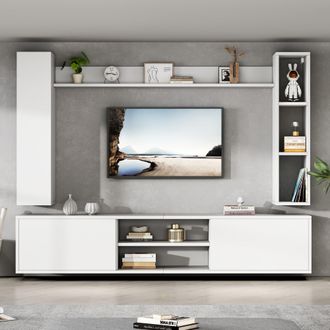 Generic LZPUOUI TV-Schrank Weiss Set fernsehtisch lowboard 180 cm lang 3 T&uuml;ren 2 halboffene Schubladen 2 H&auml;ngeschr&auml;nke tv Regal viel Stauraum h&auml;ngend oder ste