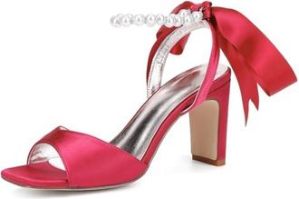 Generic Chaussures De Mariage Femmes Bloc Chunky Mariée Talon Heel Ouvert Bout Hauts Sandales Pearls Décontracté Dress Chaussures 8Cm,Rouge,37 EU