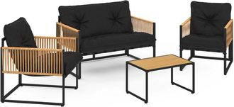 IDMarket Salon de jardin bas rio 4 places structure m&eacute;tal noir, cordage effet rotin clair et coussins noir