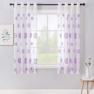 Miulee Vorhänge mit Florales Stickerei, Gardinen Weiß mit Lila Muste für Wohnzimmer, Schlafzimmer Vorhang Transparent mit Ösen, 2er Set Voile Blumen Durchsic
