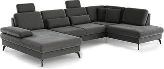 Cavadore Cavadore Wohnlandschaft Moritz / Sofalandschaft mit Longchair im trendigen Design, Sitztiefenverstellung, Kopfstützen und mattschwarzen Metallfüßen / 