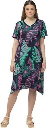Ulla Popken Femme Grandes Tailles Robe midi en Jersey à Motif Palmiers, avec décolleté en V et Manches Courtes Marine 42+ 829182130-42+