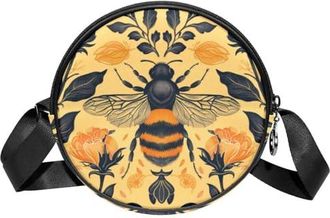 Generic Sac &agrave; bandouli&egrave;re rond pour femme, petit sac &agrave; bandouli&egrave;re esth&eacute;tique abeille avec fermeture &eacute;clair, bretelles r&eacute;glables, sac &agrave; main rond d&eacute;contract&eacute; 