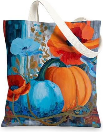 Generic Sacs fourre-tout en toile colorée, motif floral artistique citrouille, sacs de courses réutilisables, modernes, chics, légers, lavables pour salle de 
