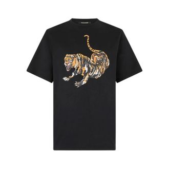 Roberto Cavalli Tiger Print Baumwoll Crew-neck T-shirt - - Tops - Herren - Schwarzk - XL