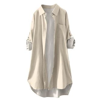 Generic Hauts en coton et lin pour femme, coupe ample, boutons tendance, enroulables &agrave; manches longues, col en V, chemisiers pour femme, pour le bureau, le tr