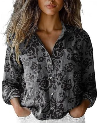 ORANDESIGNE Chemisier Femme Chic et &eacute;l&eacute;gant Chemise Bouton Boho Blouse &agrave; Imprim&eacute; Floral Haut Manches Longues avec Poche Poitrine A Gris Fonc&eacute; 3XL