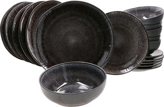 MamboCat Reactive Glaze Black Geschirr-Set 18-teilig Zakynthos I Kombi-Service für 6 Personen I Tafel-Service mit je 6X Speiseteller - Kuchenteller & Müslischa