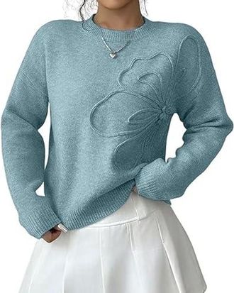 Generic Pull floral d&eacute;contract&eacute; &agrave; col rond et manches longues pour femme, haut dhiver en tricot confortable, bleu, XL