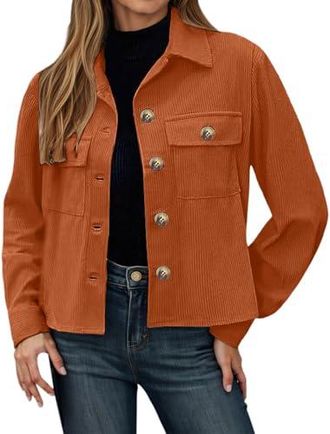 Generic Vestes pour femme, veste courte d&eacute;contract&eacute;e et l&eacute;g&egrave;re en velours c&ocirc;tel&eacute; avec poches, veste dautomne &agrave; manches longues pour un usage quotidien, Orange