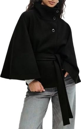 EUDOLAH Femmes Poncho &Eacute;l&eacute;gant Poncho Cape &agrave; Col Montant et Boutons pour Lautomne et lhiver &Eacute;l&eacute;gante &Eacute;charpe Cape avec Ceinture (S, Noir)