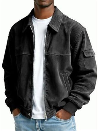 Generic Veste en flanelle en velours c&ocirc;tel&eacute; pour homme - Veste l&eacute;g&egrave;re &agrave; manches longues et col zipp&eacute; - Style d&eacute;contract&eacute; vintage - Avec poches - Streetwear, N