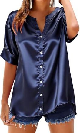 Generic Chemisiers habill&eacute;s et &eacute;l&eacute;gants en satin pour femme - Haut &agrave; manches courtes et col en V - Chemisier &agrave; boutons - &Eacute;paules tombantes - Respirant et l&eacute;ge