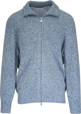 Brunello Cucinelli Homme, Pulls, Bleu, Taille: 2XL Cardigan en cachemire mouchet&eacute; avec fermeture &eacute;clair