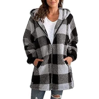 Generic Manteau &agrave; capuche surdimensionn&eacute; &agrave; carreaux pour femme, manteau d&eacute;contract&eacute; en polaire pelucheuse avec fermeture &eacute;clair pour lautomne et lhiver avec p