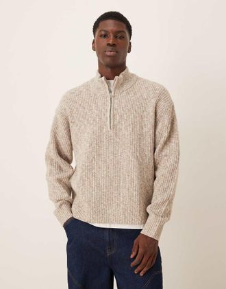 Abercrombie & Fitch Pull confort en maille &agrave; col zipp&eacute; - Cr&egrave;me-Neutre