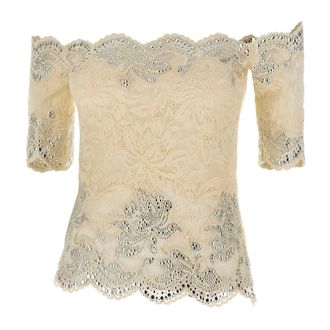 Paco Rabanne Femme, Blouses et Chemises, Beige, Taille: 38 FR Haut en dentelle festonn&eacute;e