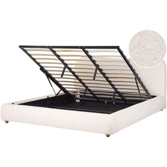 Beliani Bett mit Bettkasten Cremewei&szlig; Boucl&eacute; Gepolstert 180 x 200 cm Lattenrost Hochklappbar Hohes Kopfteil Modern Schlicht Schlafzimmer Polsterbett