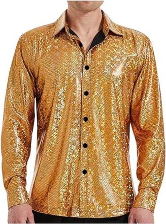 Generic Hauts pour homme automne hiver manches longues col haut paillettes bling danse cosplay cardigan tops chemise chemisiers hommes 2024, B-075 Doré, M