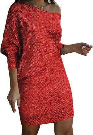 Generic Mini robe asym&eacute;trique &agrave; paillettes &agrave; &eacute;paules d&eacute;nud&eacute;es pour femme - Robe de soir&eacute;e formelle &agrave; paillettes, Rouge, 3XL