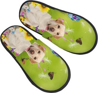 Generic Fourrure Pantoufles Labrador Dans Les Fleurs Cozy Pantoufles En Feutre Antid&eacute;rapant Chaussons Pour Femmes Chambre Int&eacute;rieur M