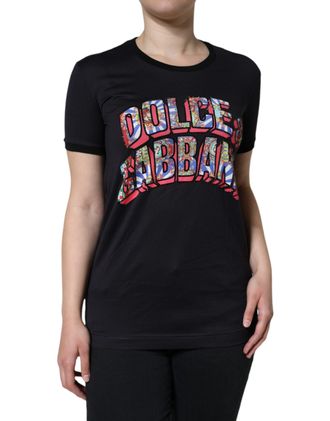Dolce & Gabbana Womens Black Cotton Logo Print Round Neck T-Shirt