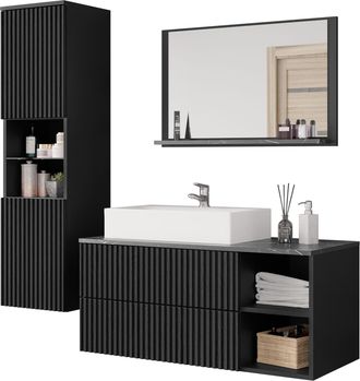 Mirjan24 Badm&ouml;bel Set Kormen Rillen II mit Waschbecken und Siphon, 4 offenen F&auml;chern, 4 Einlegeb&ouml;den 2 Schubladen, Oberplatte - Marmor-Optik, Badezimmer Komple