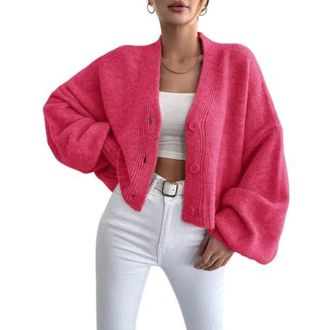 Generic Cardigan court tendance &agrave; manches lanternes surdimensionn&eacute; en tricot boutonn&eacute; pour femme, rose rouge, S