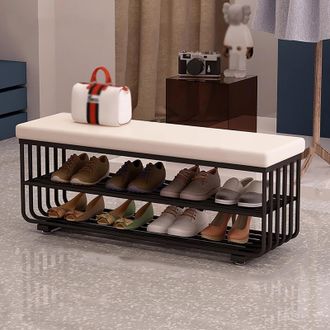 Generic Schuhbank Aus Metall Mit Gepolsterter Sitzfläche - Moderne 2-stufige Eingangsbank Mit Schuhaufbewahrung for Die Haustür Im Flur(Black Beige,120cm/47.2