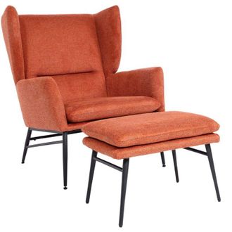 Hhg Neuwertig] Lounge-Sessel mit Ottomane HHG 259, Ohrensessel Polstersessel Cocktailsessel Hocker, Stoff/Textil terracotta-braun