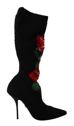 Dolce & Gabbana Schwarze Stretch-Socken Rote Rosen Stiefeletten Schuhe