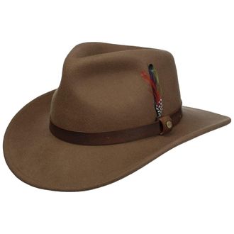Stetson Oklahoma Wollfilz Westernhut Herren 100% wasserabweisender Filz Asahi Guard ultraleichter knautschbarer Hut mit Feder Lederband Sommer Winter braun XL