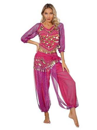 TiaoBug Femme D&eacute;guisement Indienne Princesse Robe de Danse du Ventre Paillette Haut Top de Danse Orientale et Harem Pantalon Costume Carnaval Halloween Rose V