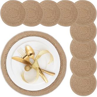 Relaxdays Tischset 10-teilig, f&uuml;r Esstisch, aus Wasserhyazinthe, Platzdecken, runde Telleruntersetzer, &Oslash; 37 cm, Natur