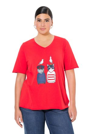 Ulla Popken Damen große Größen Übergrößen Plus Size T-Shirt, Katzen, A-Linie, V-Ausschnitt, Halbarm neon rot 50+ 836020520-50+