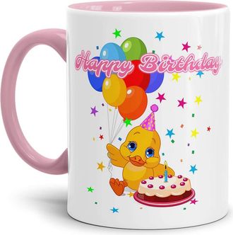 Tassendruck Tasse für Kinder Geburtstag Ente Rosa Happy Birthday - Kaffeetasse Innen und Henkel Rosa/Mug/Cup - Qualität Made in Germany