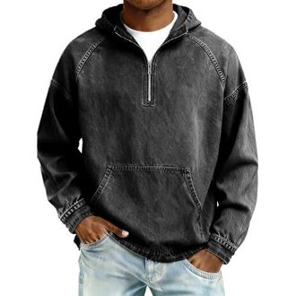 Generic Chemise en jean &agrave; manches longues pour homme - Style vintage tendance - Avec poche zipp&eacute;e 1/4 - Pull d&eacute;contract&eacute; &agrave; capuche de printemps, Noir, 4XL