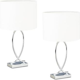 Relaxdays Tischlampe, 2er Set, Metallfu&szlig; & Stoffschirm, E27, HBT: 51x28x18 cm, Nachttischlampe Schlafzimmer, Silber/wei&szlig;