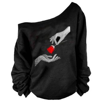 Generic 2026 - Pull &agrave; &eacute;paules d&eacute;nud&eacute;es pour femme - Manches longues - Imprim&eacute; Saint-Valentin - Hauts d&eacute;contract&eacute;s, Noir, S