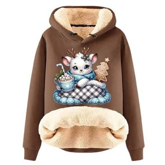Generic 2026 Printemps Mode No&euml;l Mignon Cerf Imprim&eacute; Femmes Automne Et Hiver Velours &Eacute;pais Chaud Cardigan Sweat &agrave; Capuche, marron, 5XL