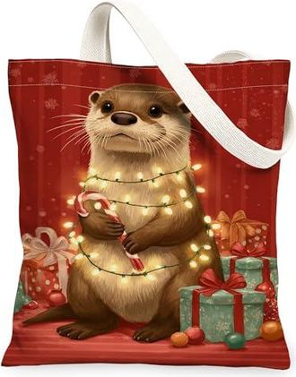 Generic Sacs fourre-tout en toile motif loutre de No&euml;l, sacs de courses l&eacute;gers et lavables pour les vacances, les voyages, les pique-niques, cadeaux, Rouge, 1