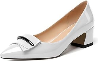 EDEFS Escarpins Femme Talon Bloc Bout Pointu - Boucle M&eacute;tallique &Eacute;l&eacute;gants pour F&ecirc;te Mariage et &Eacute;v&eacute;nements de Soir&eacute;e Blanc Verni Taille EU43