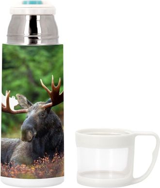 Fabulous Thermoskanne aus Edelstahl mit integrierter Tasse - Elch in einer wundersch&ouml;nen Wiese aus Holz - 350 ml - Thermosflasche