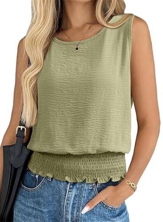 Generic D&eacute;bardeur textur&eacute; &agrave; ourlet &eacute;lastique pour femme, chemisier d&eacute;t&eacute; d&eacute;contract&eacute; &agrave; col rond, sans manches, chemises &agrave; bas smock&eacute;s, Vert, XXL