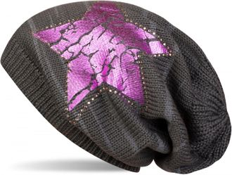 styleBREAKER Strick Beanie Mütze mit Vintage Stern Print und Strass Rand, Strickmütze mit Streifen Muster, Unisex 04024083, Farbe:Dunkelgrau/Pink