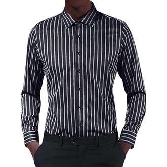 Generic Chemise formelle &agrave; manches longues pour homme - Chemise ray&eacute;e contrast&eacute;e boutonn&eacute;e - Col rabattu - Coupe quotidienne - Confortable - Sans repassage - 
