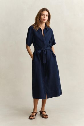 GANT Hemdblusenkleid GANT LINEN, Damen, Gr. 36, N-Gr, evening blau, Web, Obermaterial: 100% Leinen, unifarben, regular fit wadenlang, Rundhals, eingesetzt 